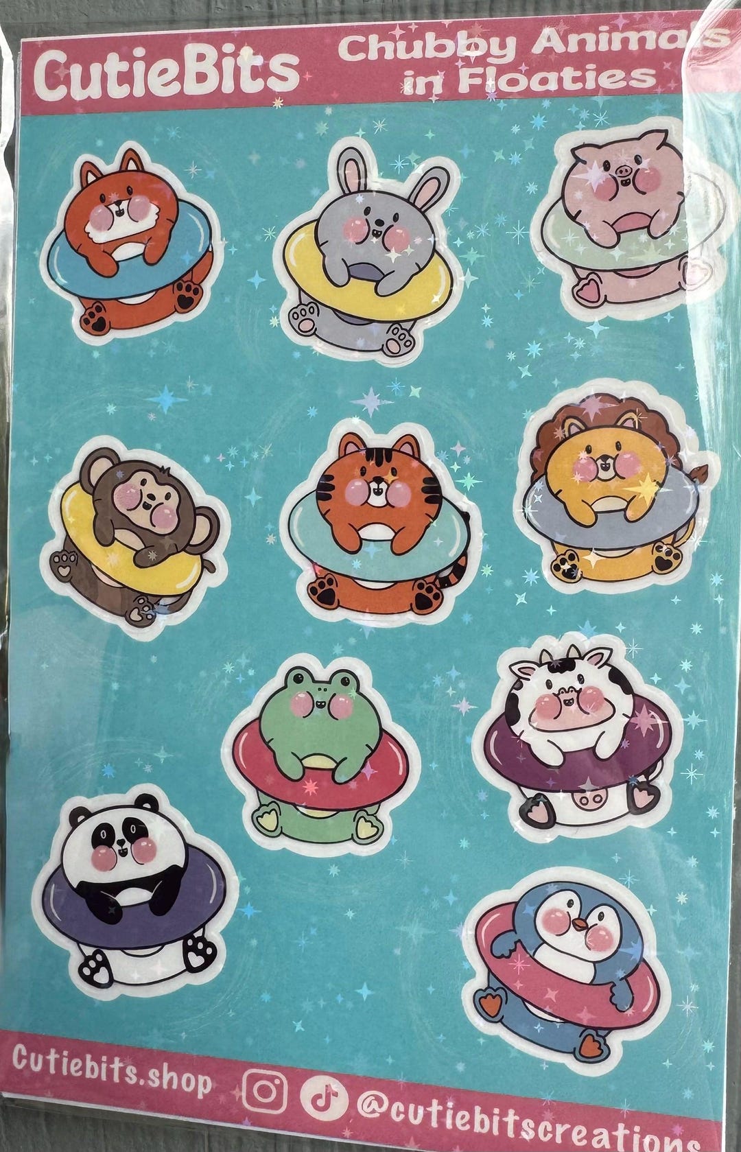 4x6 Sticker Sheet - Cute Chubby Animals in Pool Floaties - Holographic ...