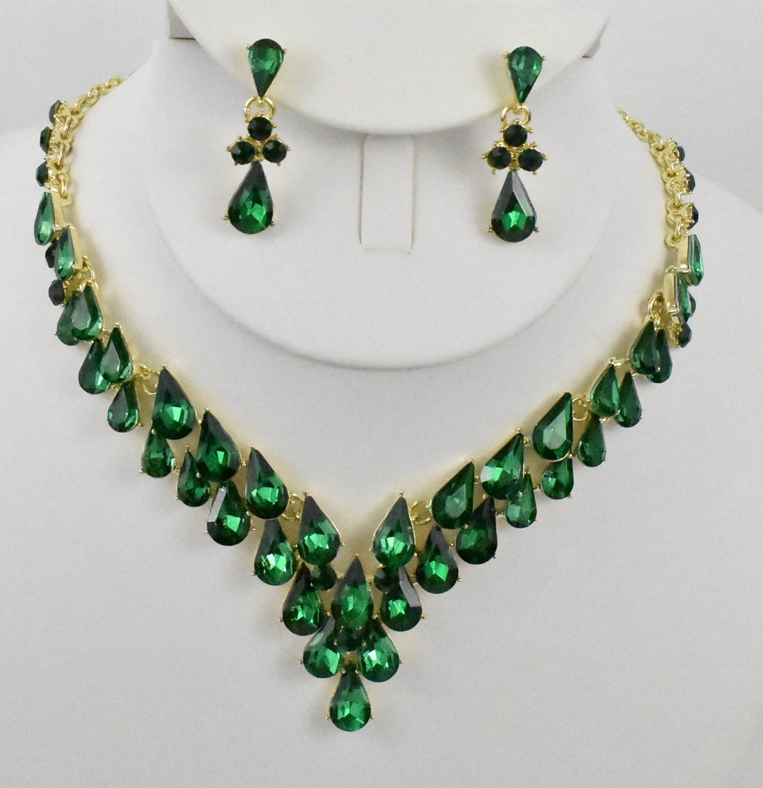 Emerald Green Rhinestone Necklace, Green Statement Necklace, Emerald ...