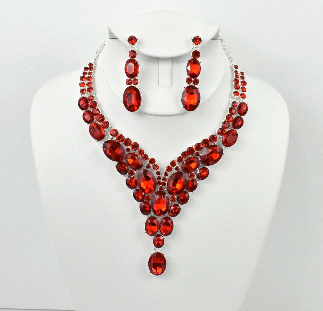 Red Rhinestone Necklace and Earrings Set, Bridal Red Necklace Set, Red Prom Necklace and ...