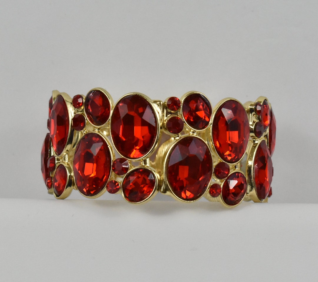 Red/gold Base Stretch Bracelet, Red Bracelet, Red Rhinestone Bracelet ...