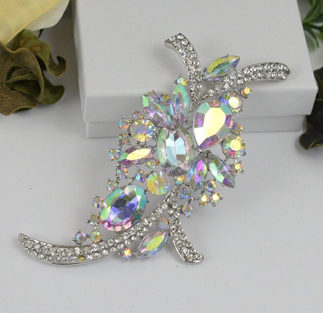 Broche base argentée avec strass aurore boréale, broche de mariage en ...