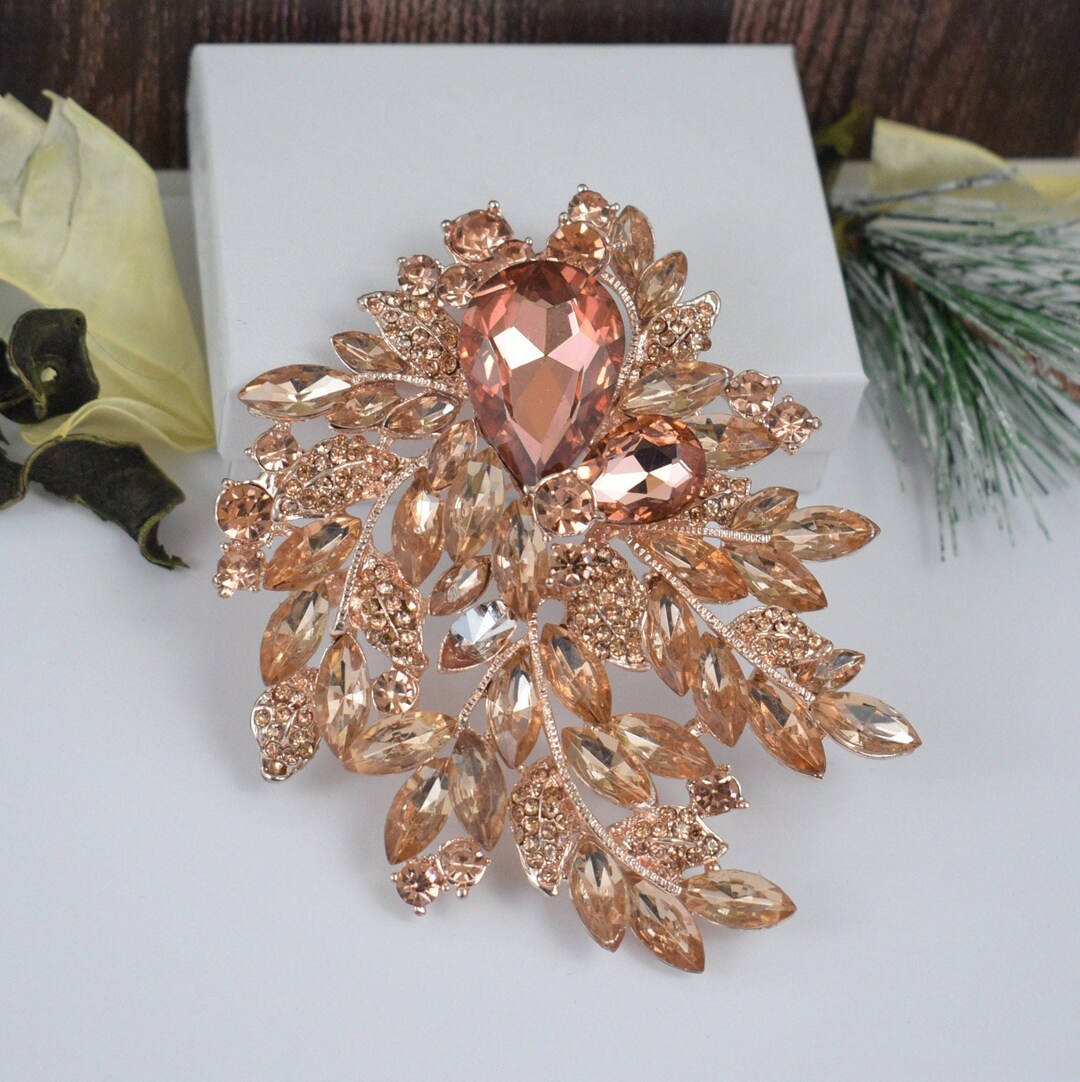 Large Peach Rhinestone Rose Gold Brooch, Sash Brooch, Bridal Brooch ...