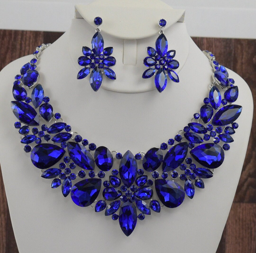 Royal Blue Necklace and Earrings Set, Blue Rhinestone Prom Necklace ...