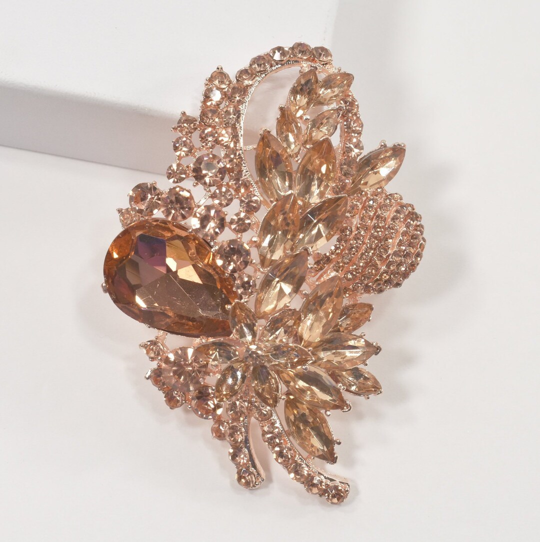 Peach Rhinestone/rose Gold Base Brooch, Rose Gold Art Deco Broach, Rose ...