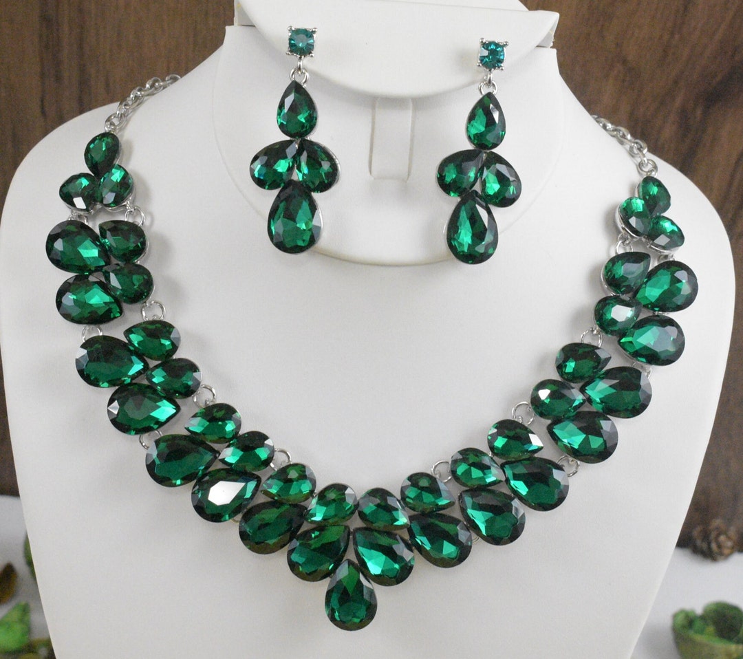 Emerald Green/ Silver Base Rhinestone Necklace, Statement Necklace ...