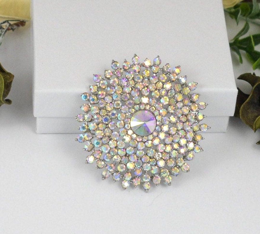 Aurora Borealis Rhinestone Silver Brooch, AB Crystal Wedding Brooch ...