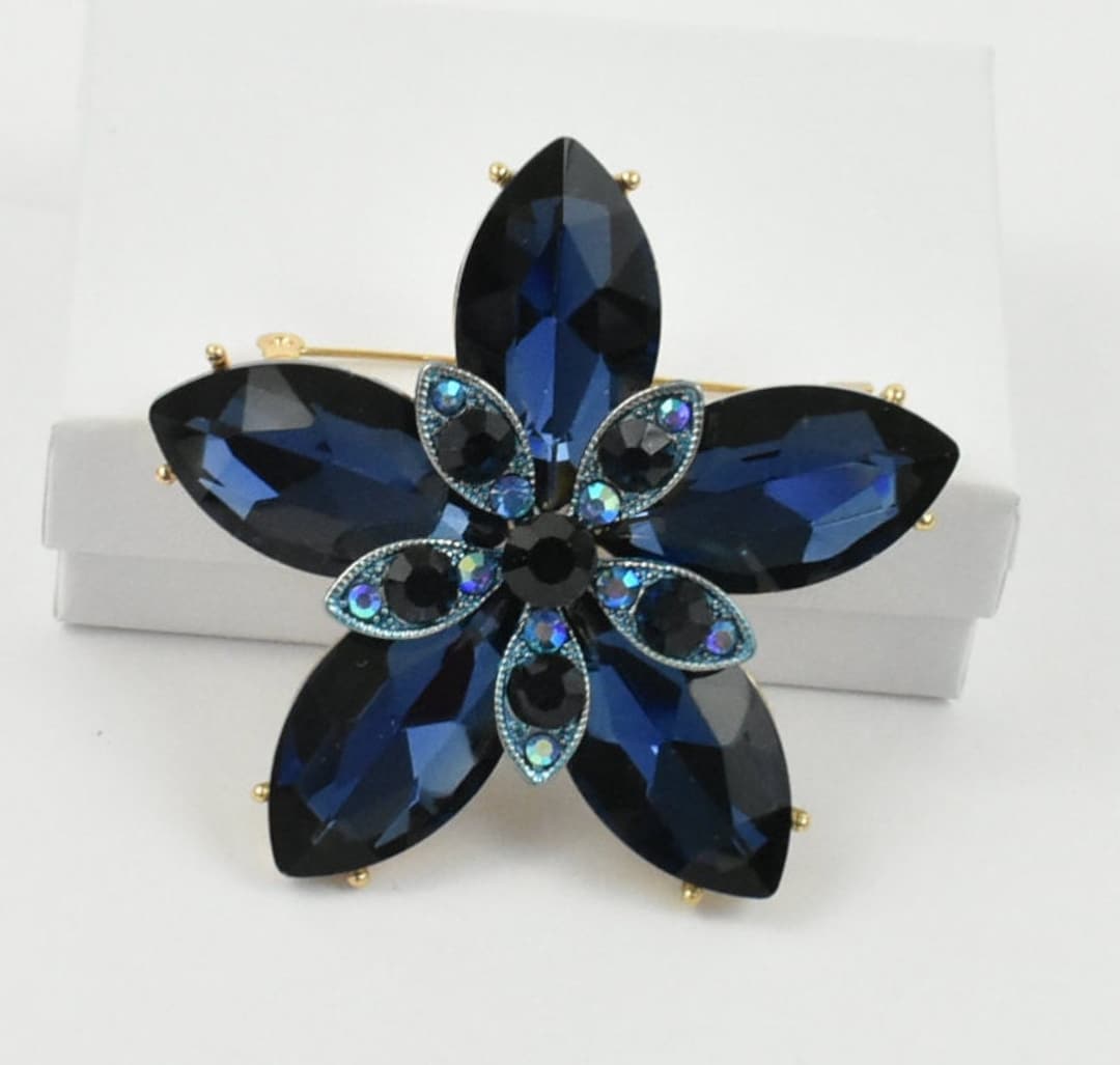 Navy Blue Rhinestone/ Gold Base Brooch, Gorgeous Rhinestone Studded ...
