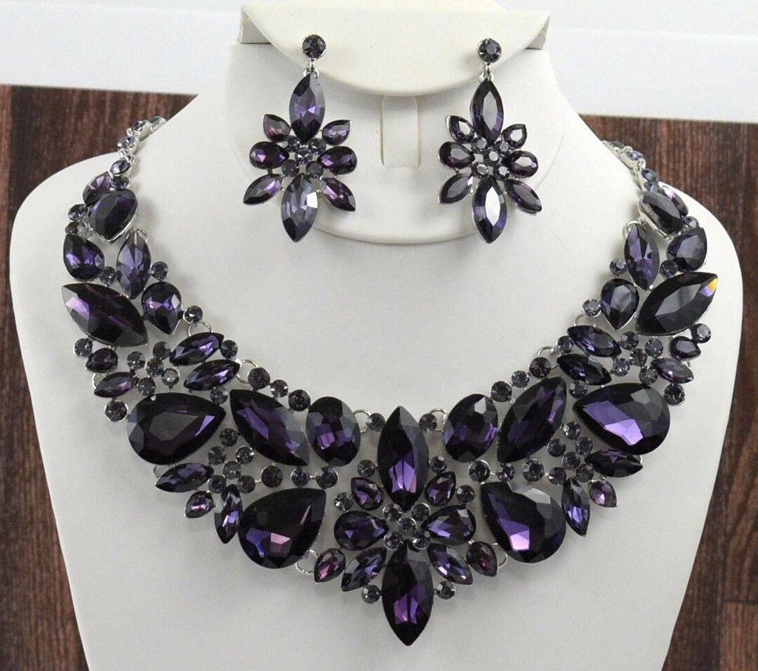 Purple Crystal Necklace and Earrings Set, Purple Rhinestone Necklace ...