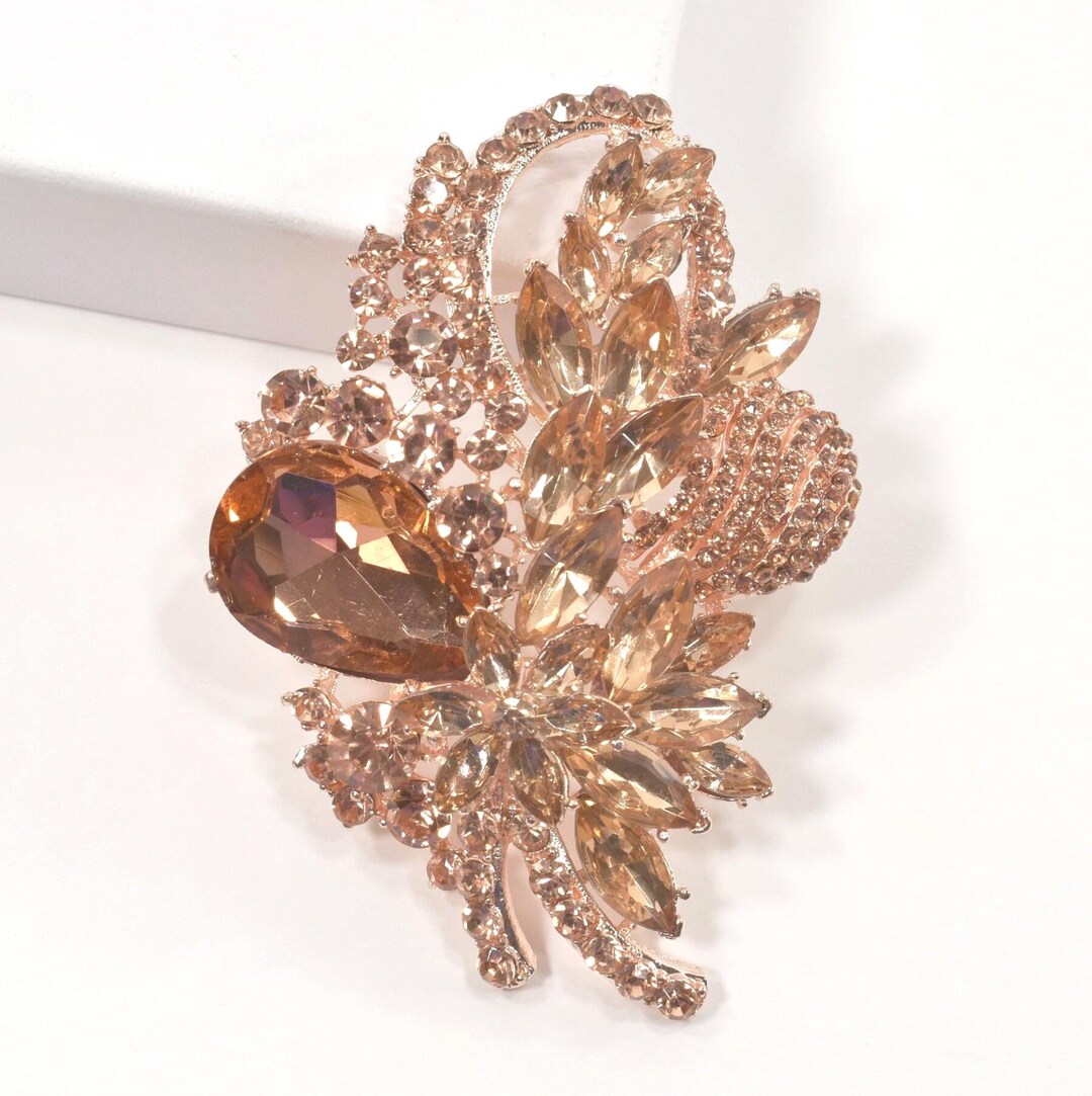 Peach Rhinestone/rose Gold Base Brooch, Rose Gold Art Deco Broach, Rose ...