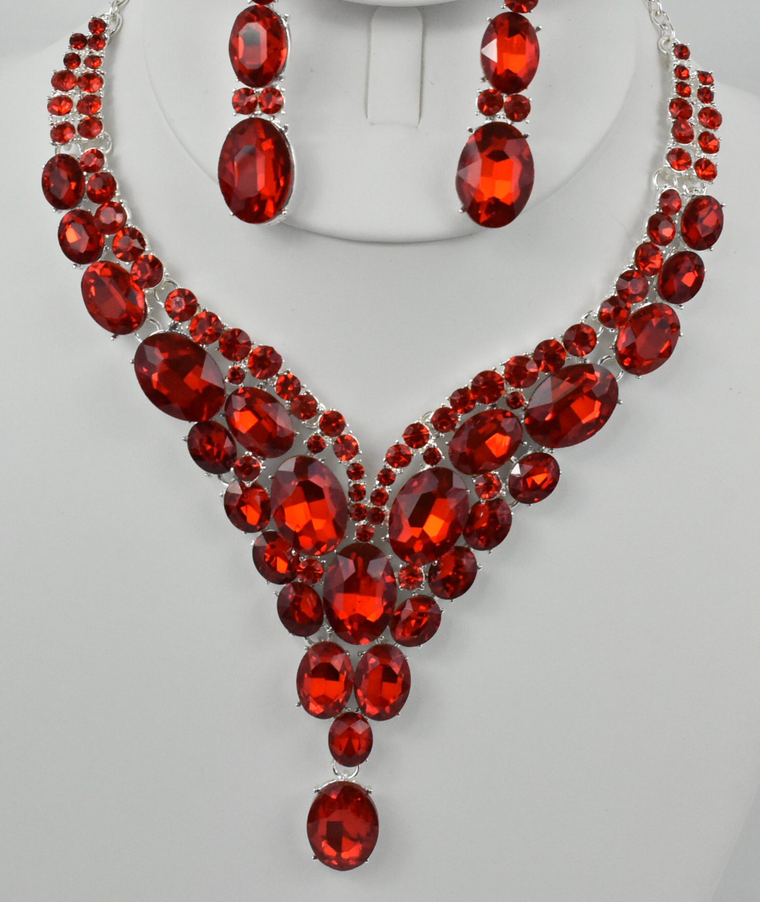 Red Rhinestone Necklace and Earrings Set Bridal Red Necklace - Etsy