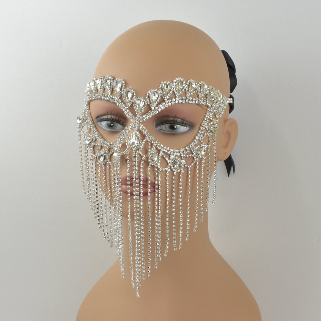 Silver Base Clear Rhinestone Metal Masquerade Mask, Mardi Gras Mask ...