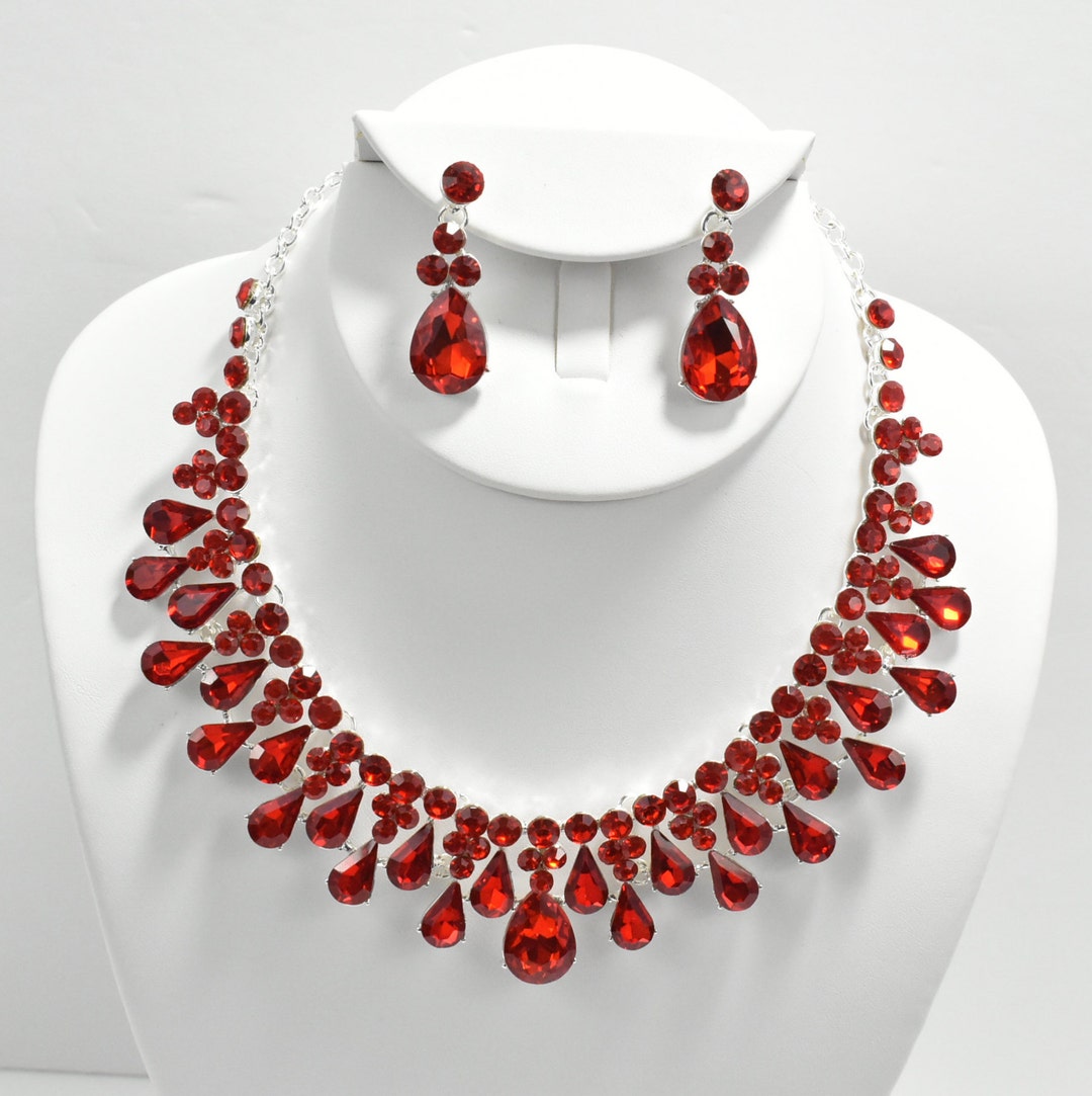 Red Holiday Necklace and Earrings Set, Bridal Red Necklace Set, Red ...