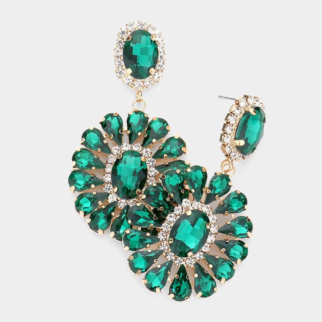 Emerald Green/gold Prom Earrings, Bridal Green Crystal Earrings, Chunky ...