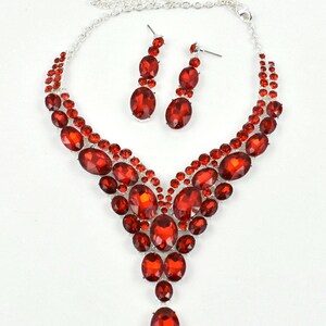 Red Rhinestone Necklace and Earrings Set, Bridal Red Necklace Set, Red Prom Necklace and ...