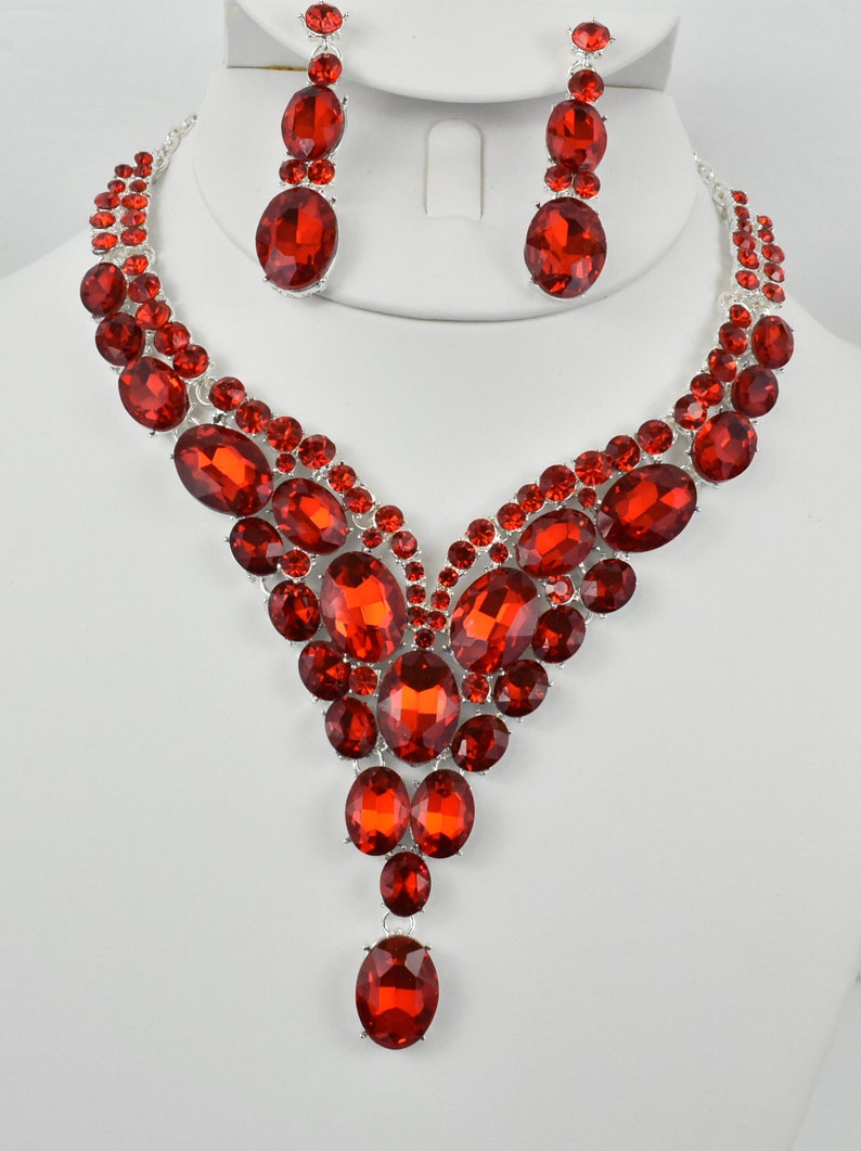 Red Rhinestone Necklace and Earrings Set Bridal Red Necklace - Etsy