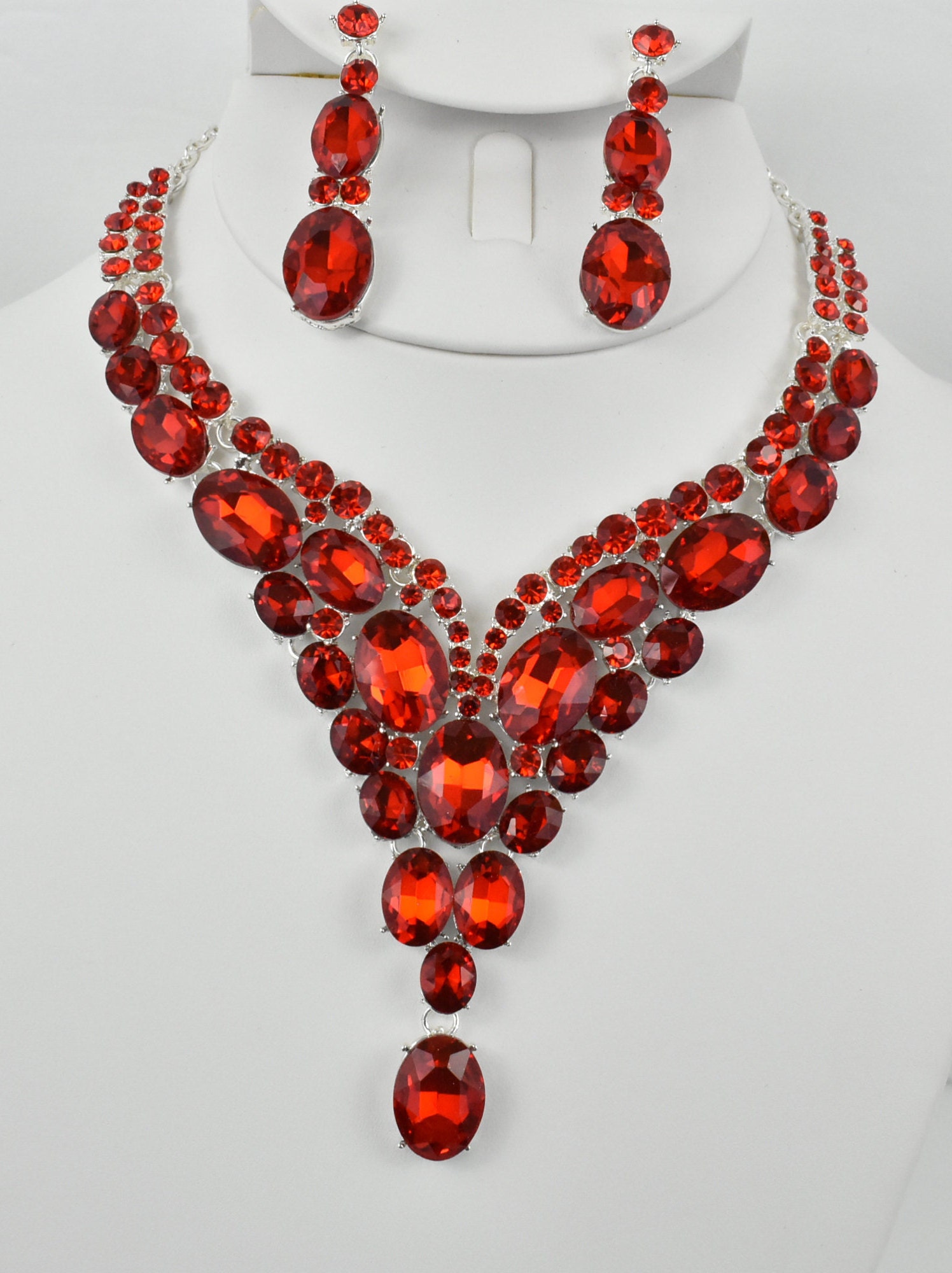 Red Rhinestone Necklace and Earrings Set Bridal Red Necklace - Etsy