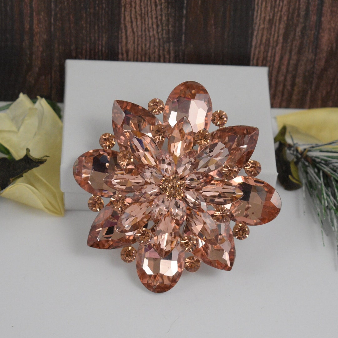 Large Peach Rhinestone Rose Gold Brooch, Sash Brooch, Bridal Brooch ...