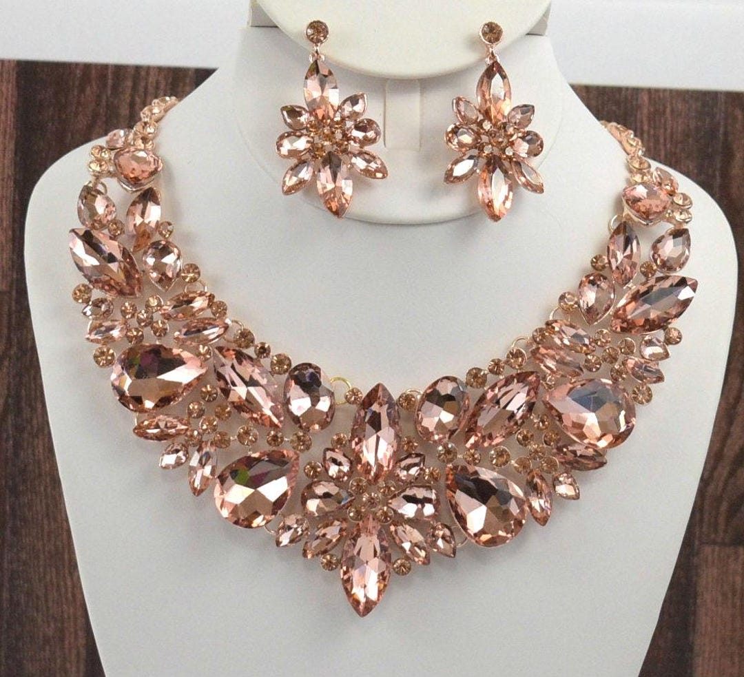 Blush Peach Color Necklace and Earring Set, Peach Rhinestone Necklace ...