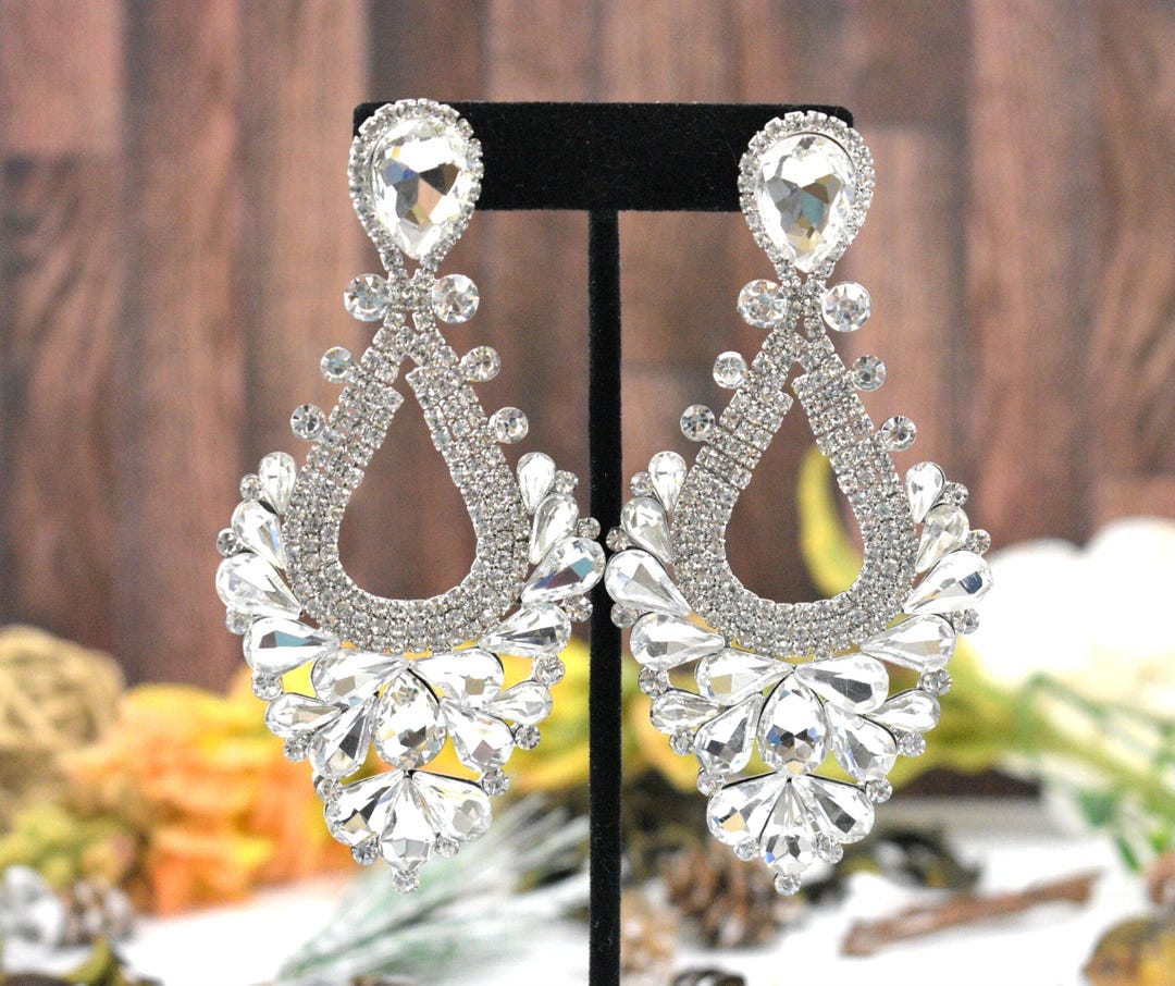 Clip-on Extra-large Clear Silver Earrings, Oversized Chandelier ...