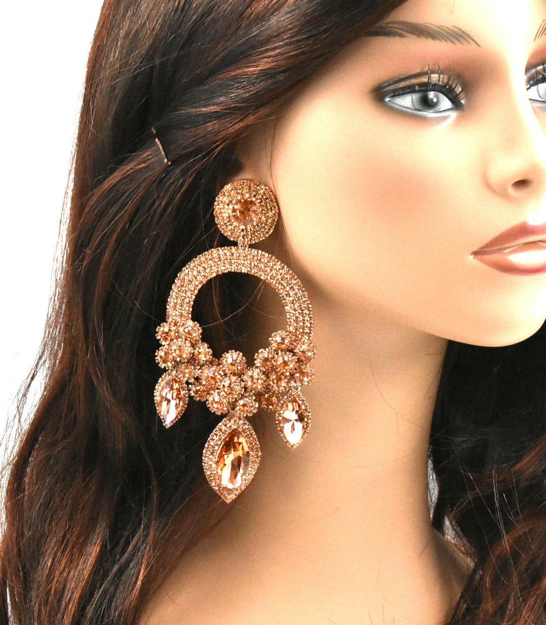 Extra Large Peach Elegance Huge Crystal Rhinestone Chandelier Earrings ...
