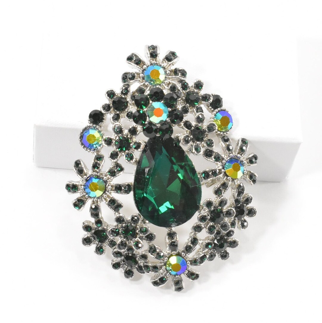 Green/silver Base Brooch, Crystal Emerald Green Broach, Rhinestone ...