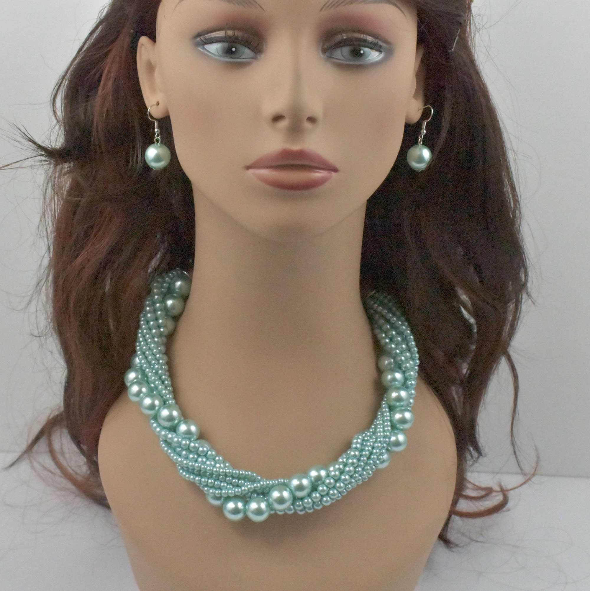 Light Blue pearls necklace With Earrings Pearl Necklace | Etsy