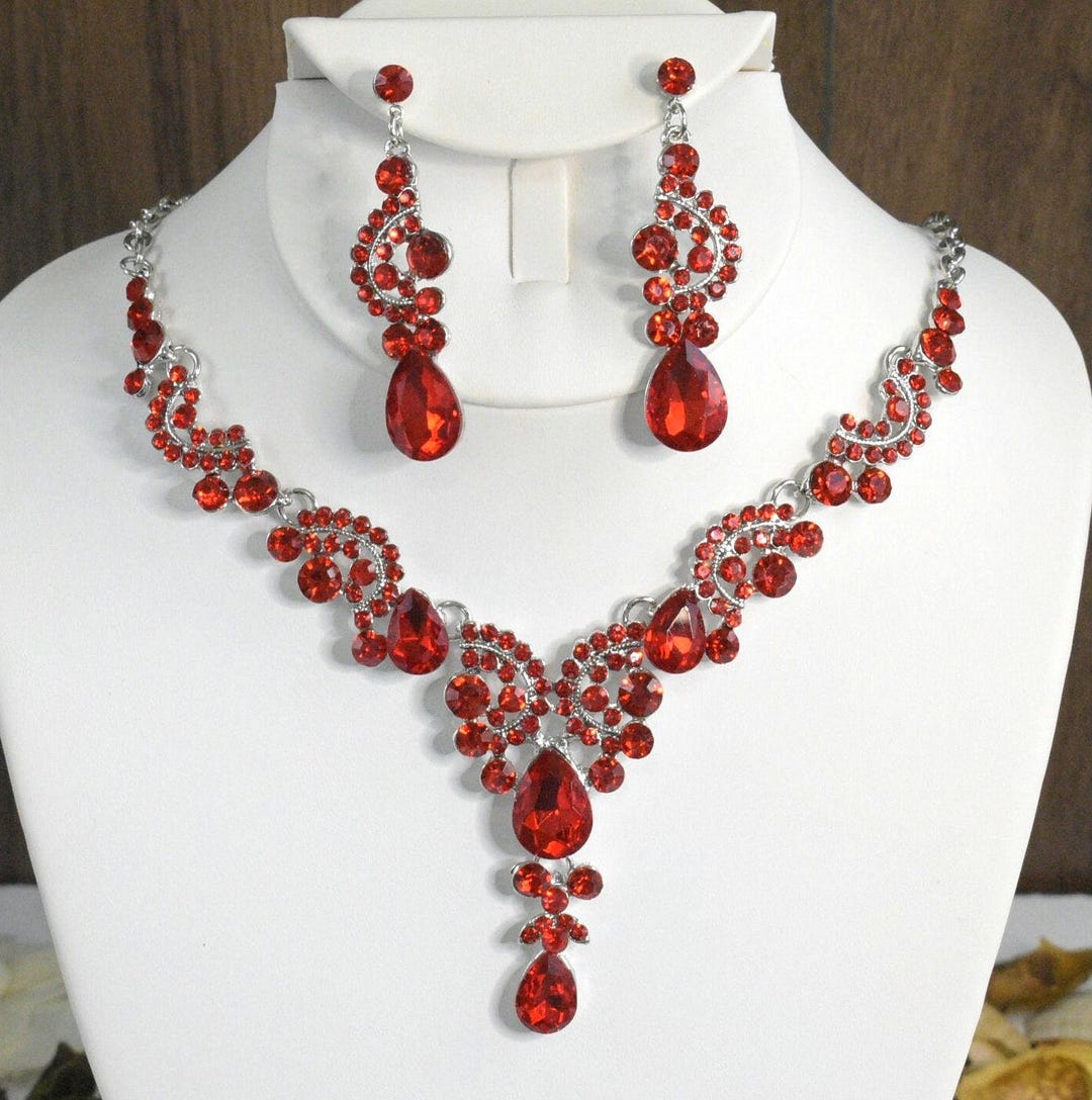 Red/silver Bridal Rhinestone Crystal Necklace and Earrings Jewelry Set ...