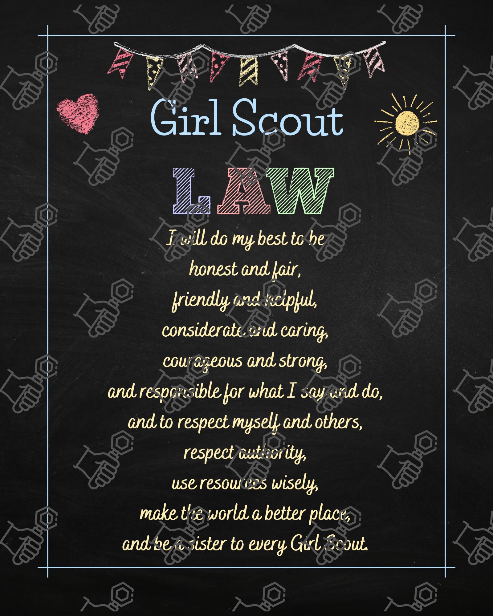 Girl Scout Promise and Law Chalkboard Style Printable - Digital ...