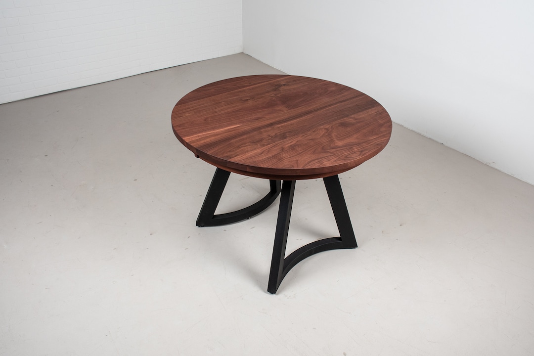 Round Expandable Dining Table, Spiced Walnut Table Top on Black Maple ...