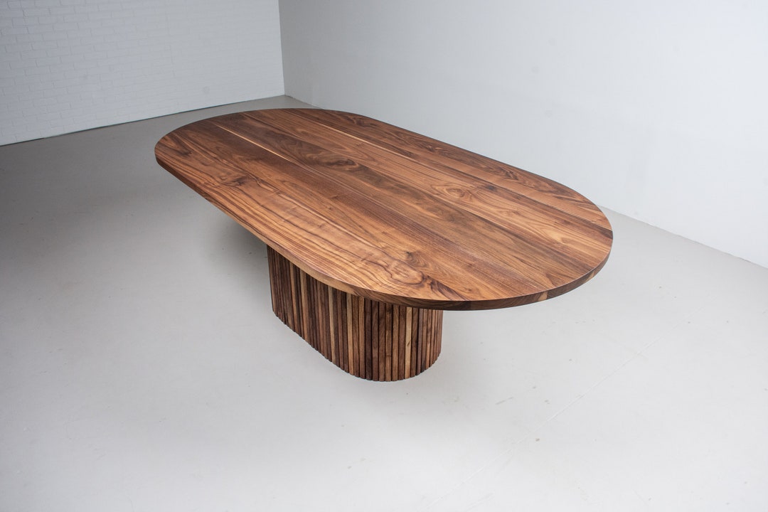 Wood Pedestal Oval Table, Racetrack Oval Walnut Table on Fluted ...
