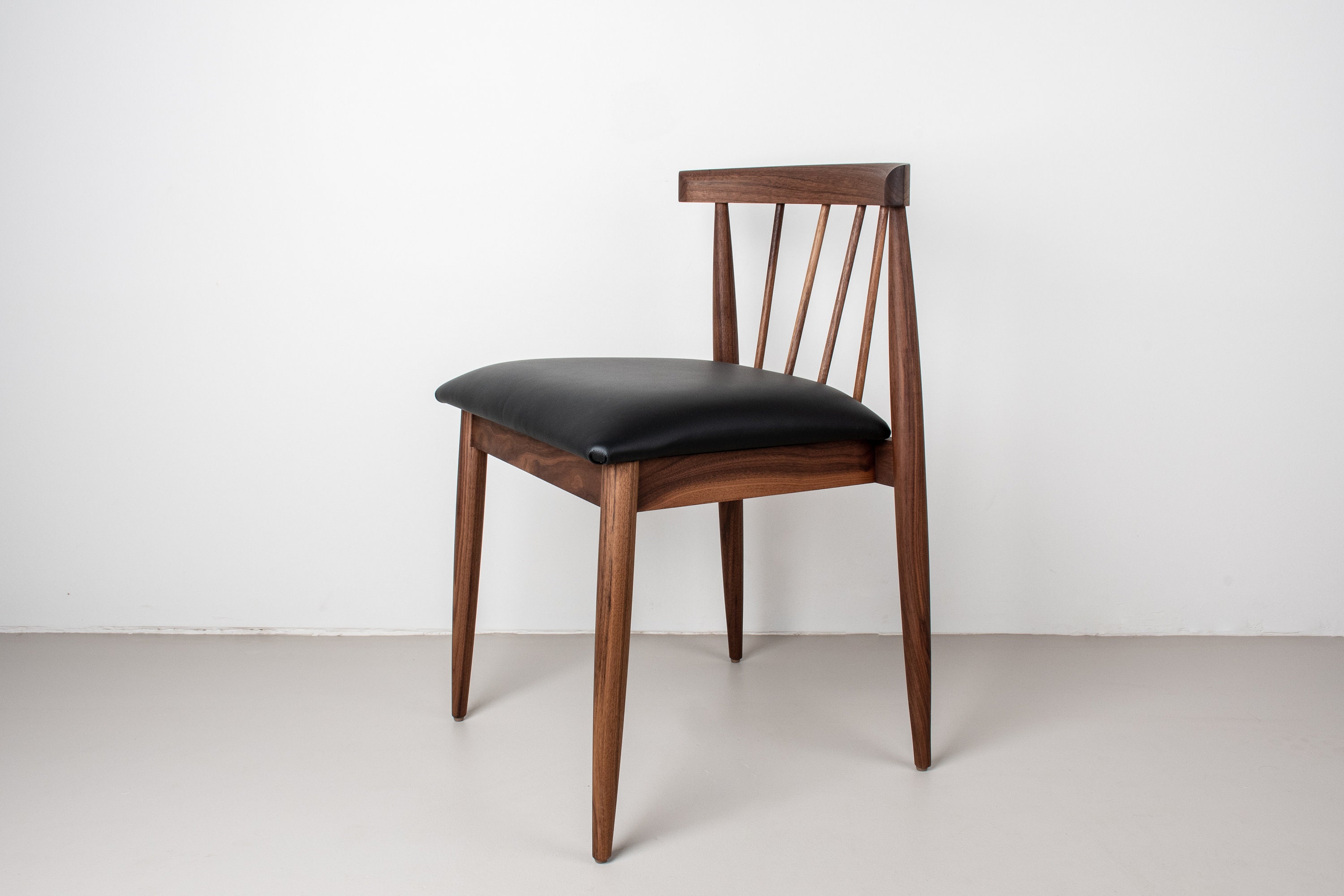 Walnut Dining Chair With Black Leather Cushion, Mid Century Modern ...