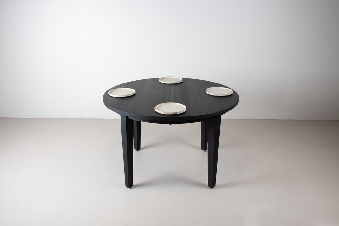Round Dining Table With Extension, Black Wood Dining Table With 3 ...