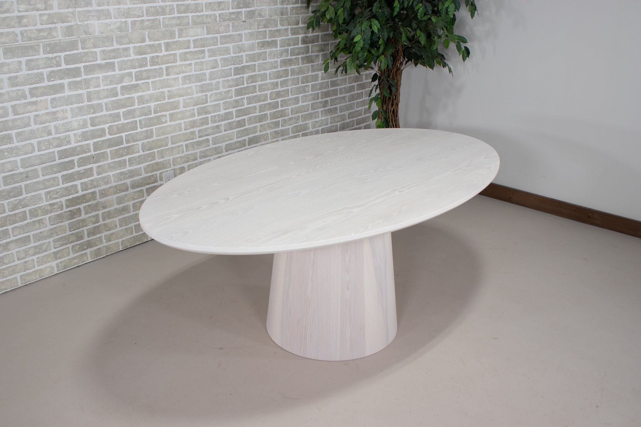 White Oval Table on Wood Cylinder Base White Wash Wood Dining - Etsy Canada