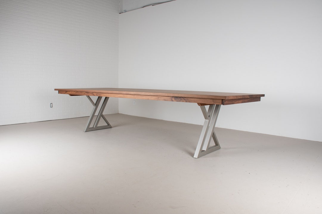 Extra Large Dining Table With Leaves, Walnut Extendable Table on Steel ...