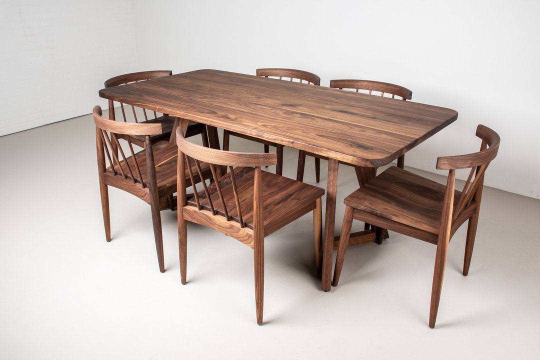 MCM Walnut Dining Table and Chairs, Modern Wood Dining Set, Dining ...