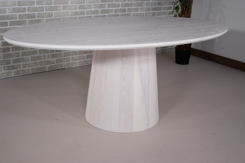 White Oval Table on Wood Cylinder Base White Wash Wood Dining - Etsy Canada