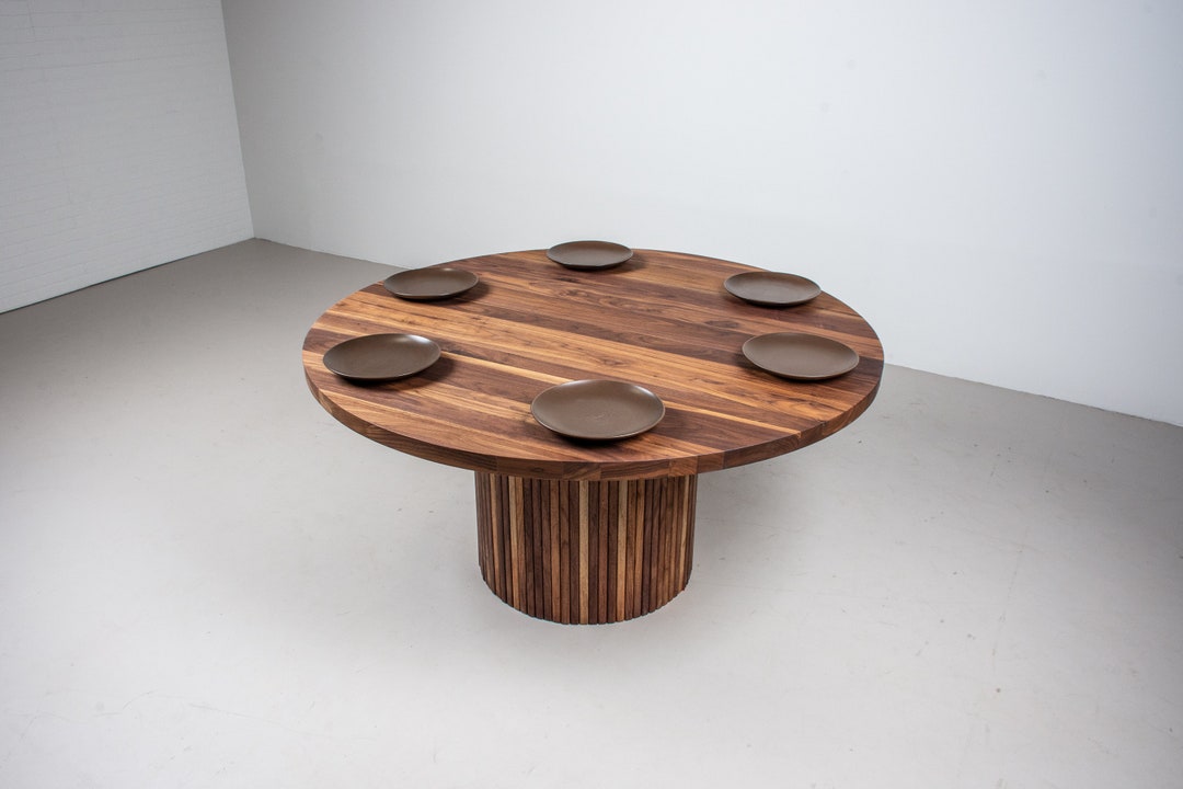 Round Dining Room Table, Round Walnut Table on Fluted Base, Round Mid ...