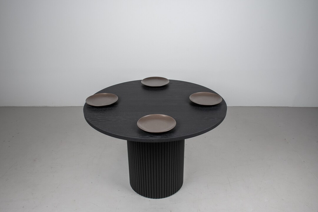 Mid Century Modern Round Dining Table, Black Round Oak Table on Fluted ...