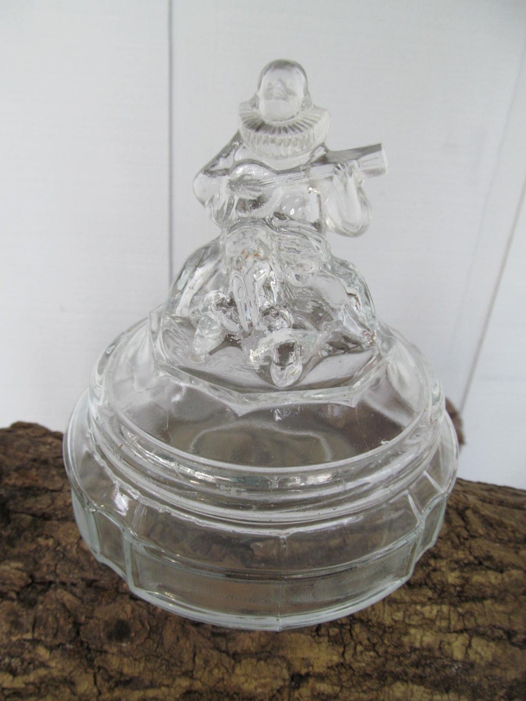 1930s LE Smith "minstrel" Clear Glass Powder Jar With Wistful Commedia ...