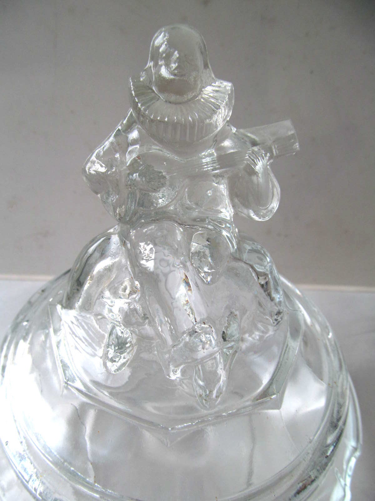 1930s LE Smith minstrel Clear Glass Powder Jar With Wistful Commedia ...