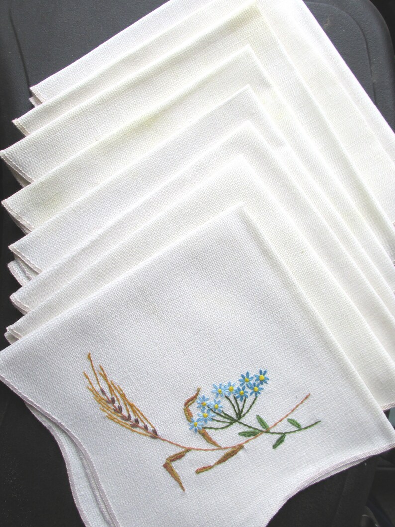 Vintage Linen Embroidered Dinner Napkins Ivory With Floral & Wheat ...