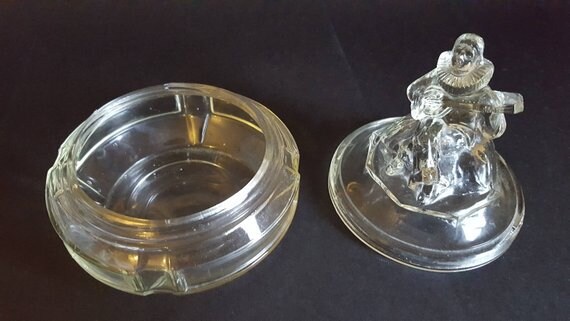1930s LE Smith minstrel Clear Glass Powder Jar With Wistful Commedia ...
