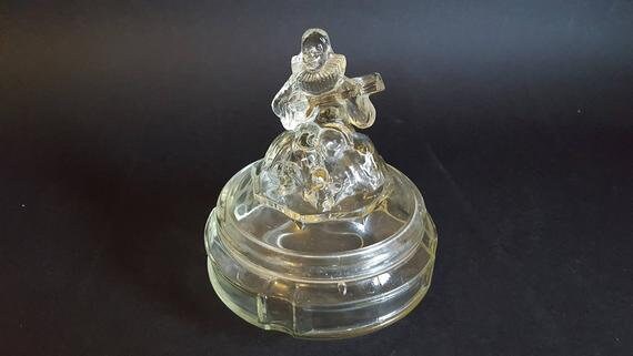 1930s LE Smith minstrel Clear Glass Powder Jar With Wistful Commedia ...