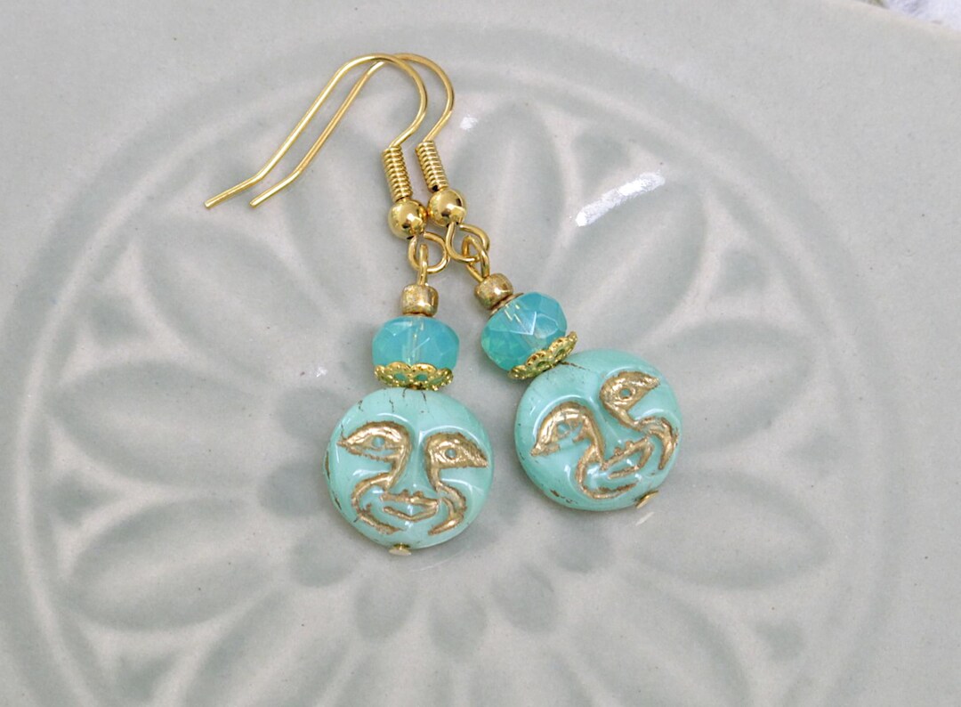 Blue Moon Face Earrings, Hypoallergenic Option, Glass Beads With Gold ...