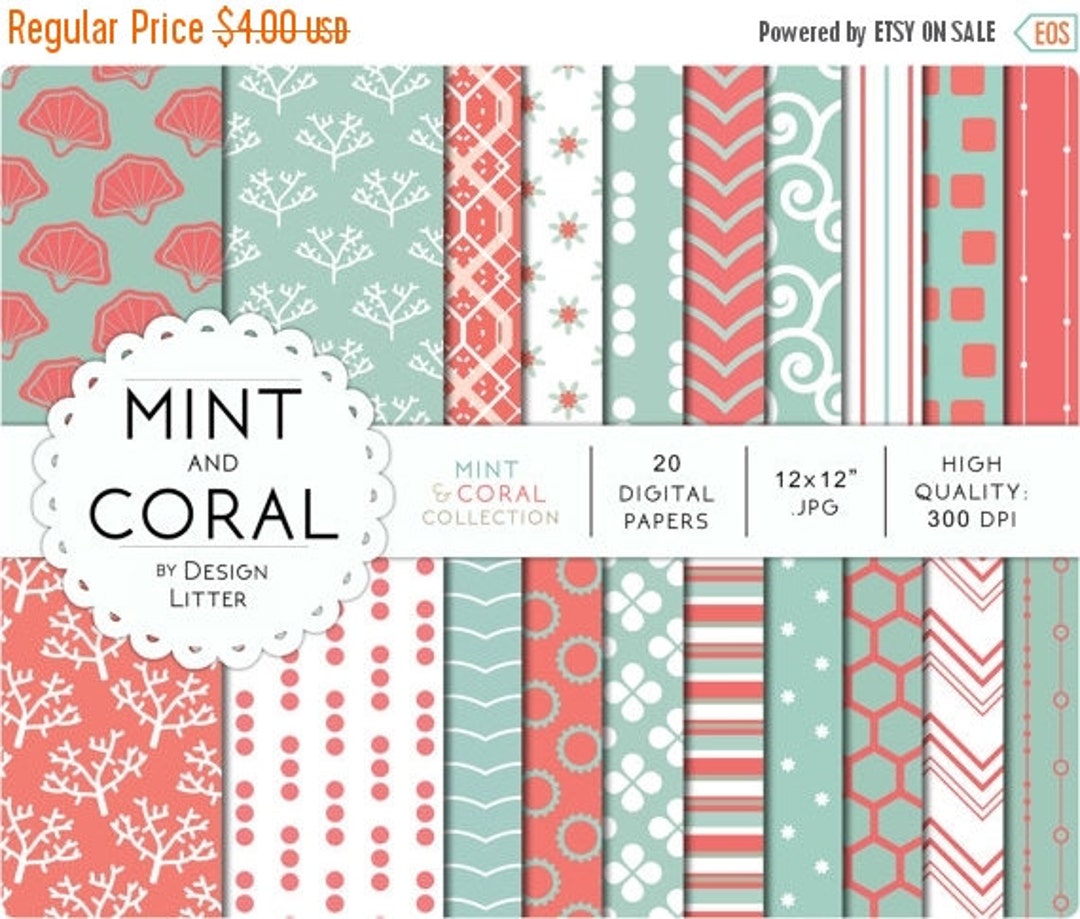 80% Until New Year Mint and Coral Digital Paper Mint Teal Peach for ...
