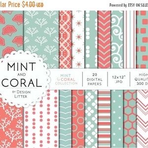 80% Until New Year - Mint and Coral Digital Paper · Mint Teal Peach for ...