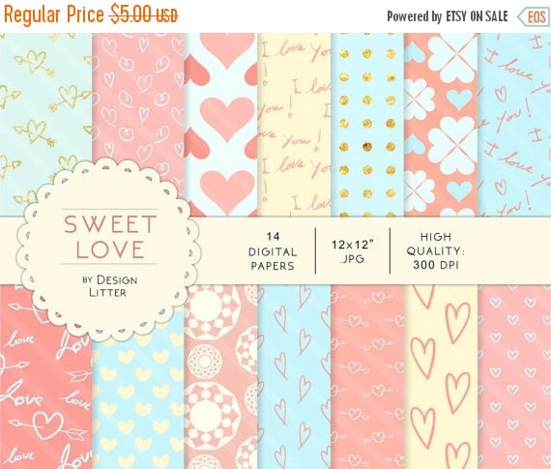 80% Until New Year - Valentine's Day Love Digital Paper: Mint Gold and ...