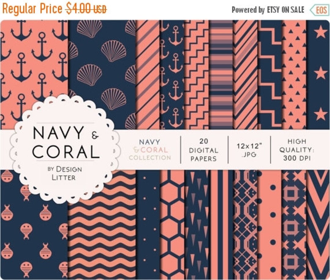 80% Until New Year - Navy Blue and Coral Digital Papers · Navy Blue ...