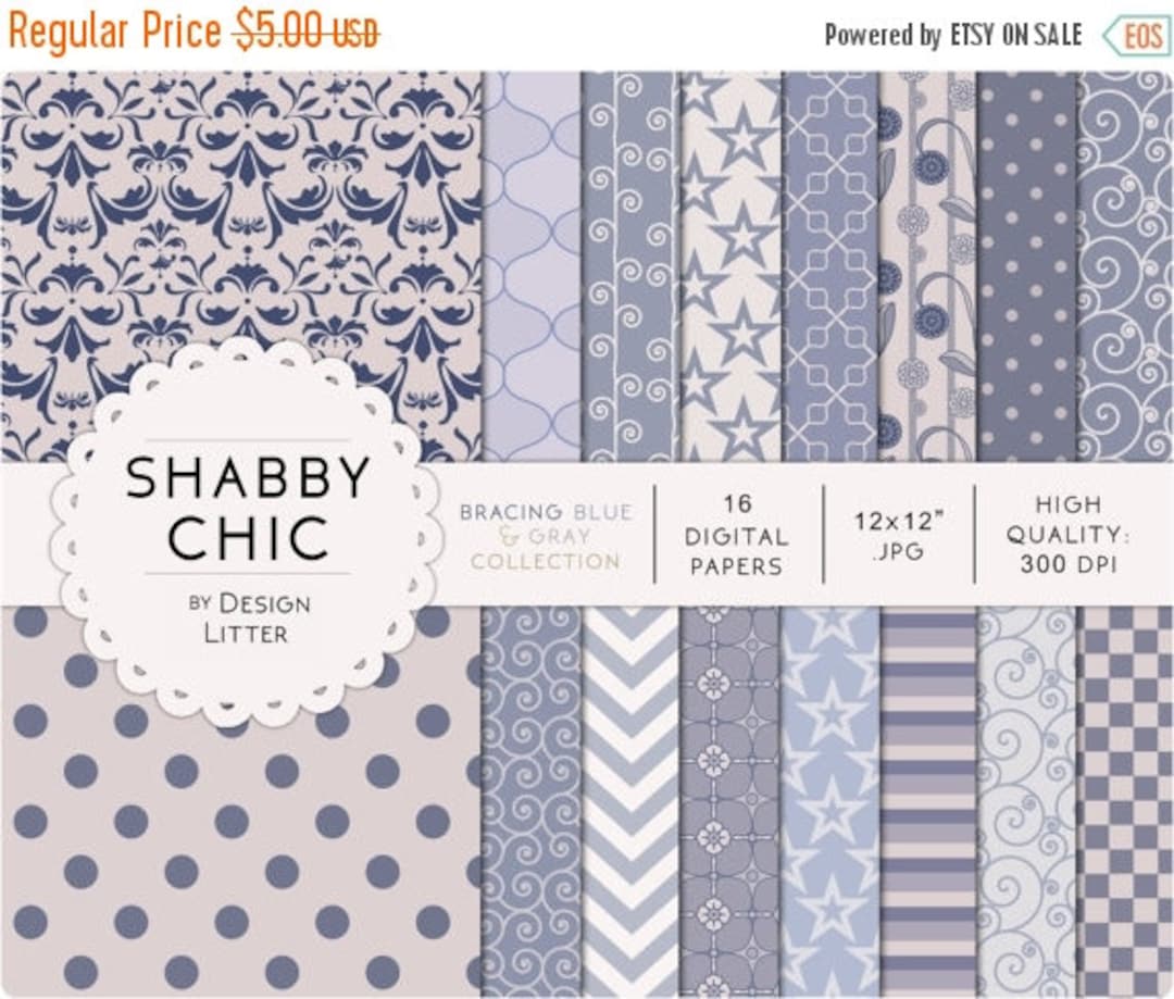 80% Until New Year - Denim Blue Digital Papers · Shabby Chic Damask in ...