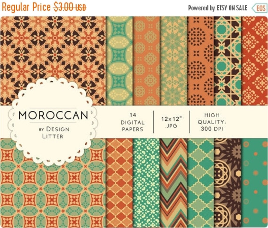 80% Until New Year - Moroccan Digital Paper: Mint Ocher Orange and Teal ...